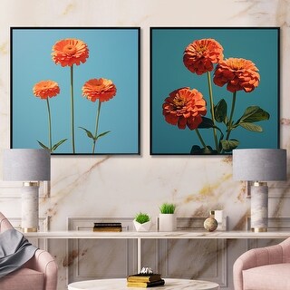 Designart "Zesty Orange And Blue Zinnias Flowers" Zinnias Framed Art ...