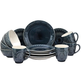 16 Piece Navy Blue Embossed Stoneware Dinnerware Set - Bed Bath ...