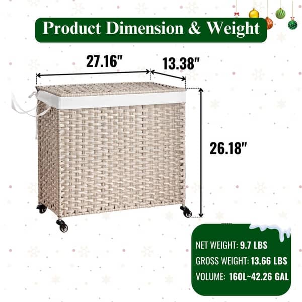 Laundry Hamper with Wheels, 160L Rattan Hampers & 2 Removable Liner ...