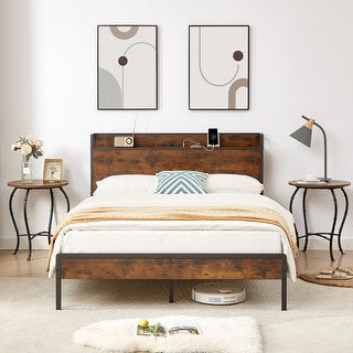 Brown Rustic /Full Size Bed Frame with Charging Station, Particle Board ...