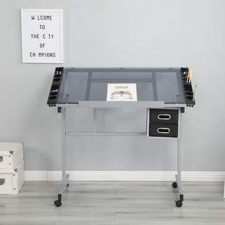 Modern Glass Art Drafting Desk w/ Drawers & Wheels - Adjustable for ...