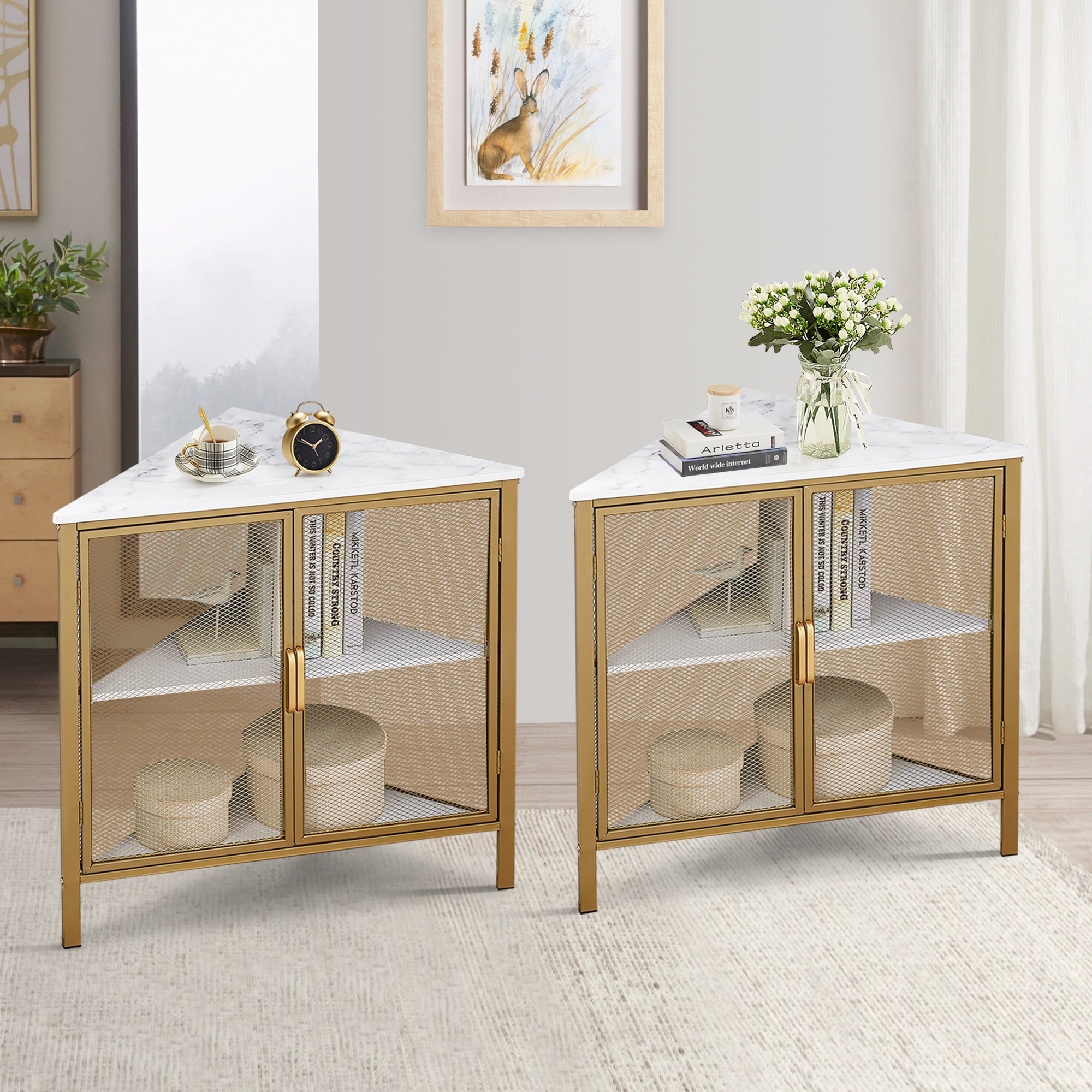Javlergo Set of 2 Modern Corner Table Triangle Storage Shelf for Living Room Bedroom Enterway