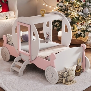 Twin size White+Pink Princess Carriage Bed with Crown,Wood Platform Car ...