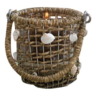 Waterside Natural Jute Basketweave and Shells with Glass Votive Holder ...