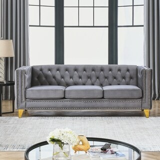 Modern Tufted Buttons Sofa Velvet Upholstered Sofa Tufted Livingroom 3 ...
