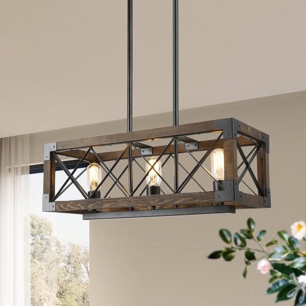 Modern Farmhouse 3-Light Linear Chandelier Industrial Rustic Wood ...