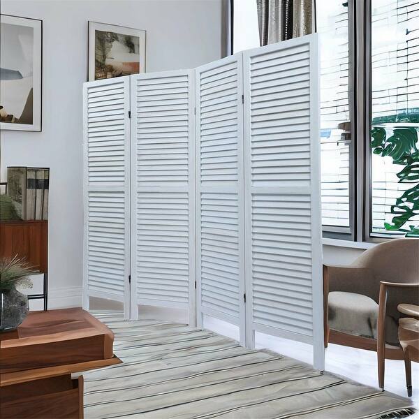 Old White Sycamore Wood 4 Panel Screen Folding Louvered Room Divider ...