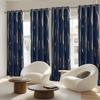 Grommet Gold Foil Wave Pattern Blackout Curtains, 4 Piece Set - Bed ...