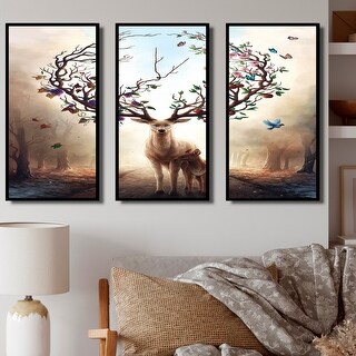 Designart "Deer With Blossoming Antlers" Cottage-Animal Framed Wall Art ...