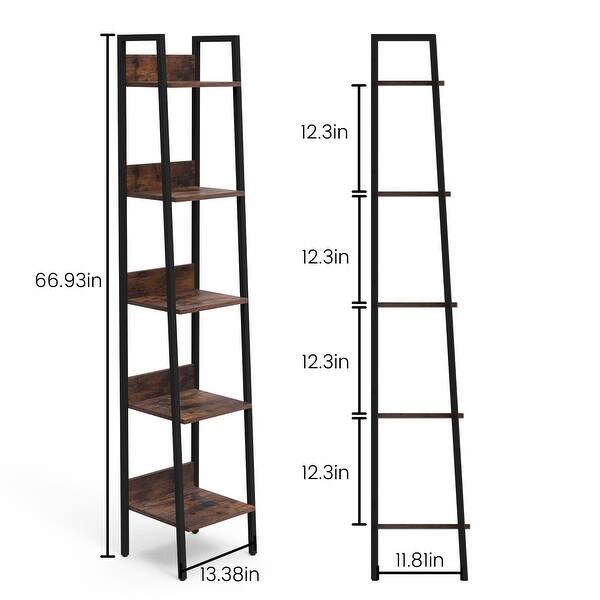 5 Tier Narrow Ladder Bookshelf for Home Office Living Room Brown - Bed ...