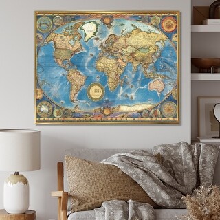 Designart "Vintage World Map II" World Map Framed Canvas Print - Bed ...