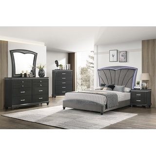 Eva 4 Piece Gray LED Fabric Upholstered Panel Bedroom Set - Bed Bath ...