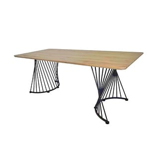 80 Inch Dining Table, Natural Oak Brown Top, Dual Pedestal Metal Base ...