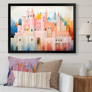 Designart "Bold Pink Pastel Castle" Castles Framed Wall Art Living Room ...