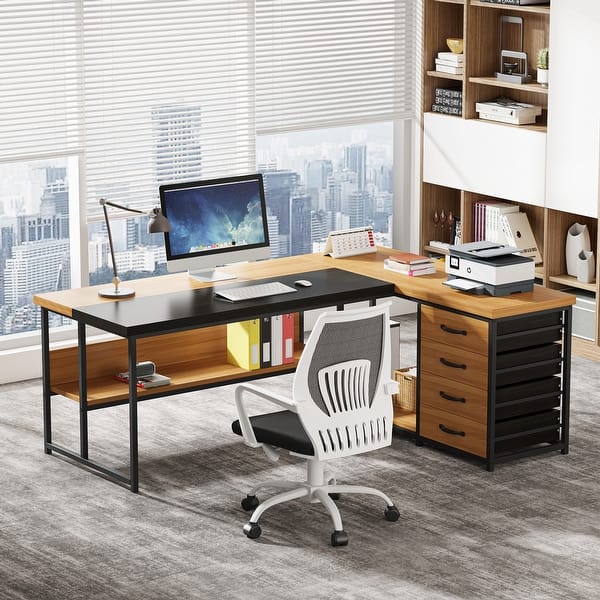 63-Inch L-Shaped Computer Desk with 4 Drawers Open Storage Shelves and ...