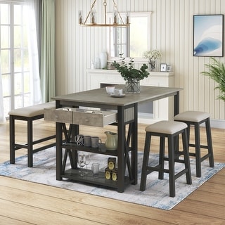 Rustic 4-Piece Counter Height Dining Table Set with Storage Shelves and ...