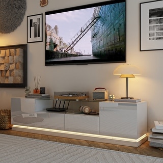 White LED TV Stand 70" TV High Gloss TV Entertainment Center Glass Top ...