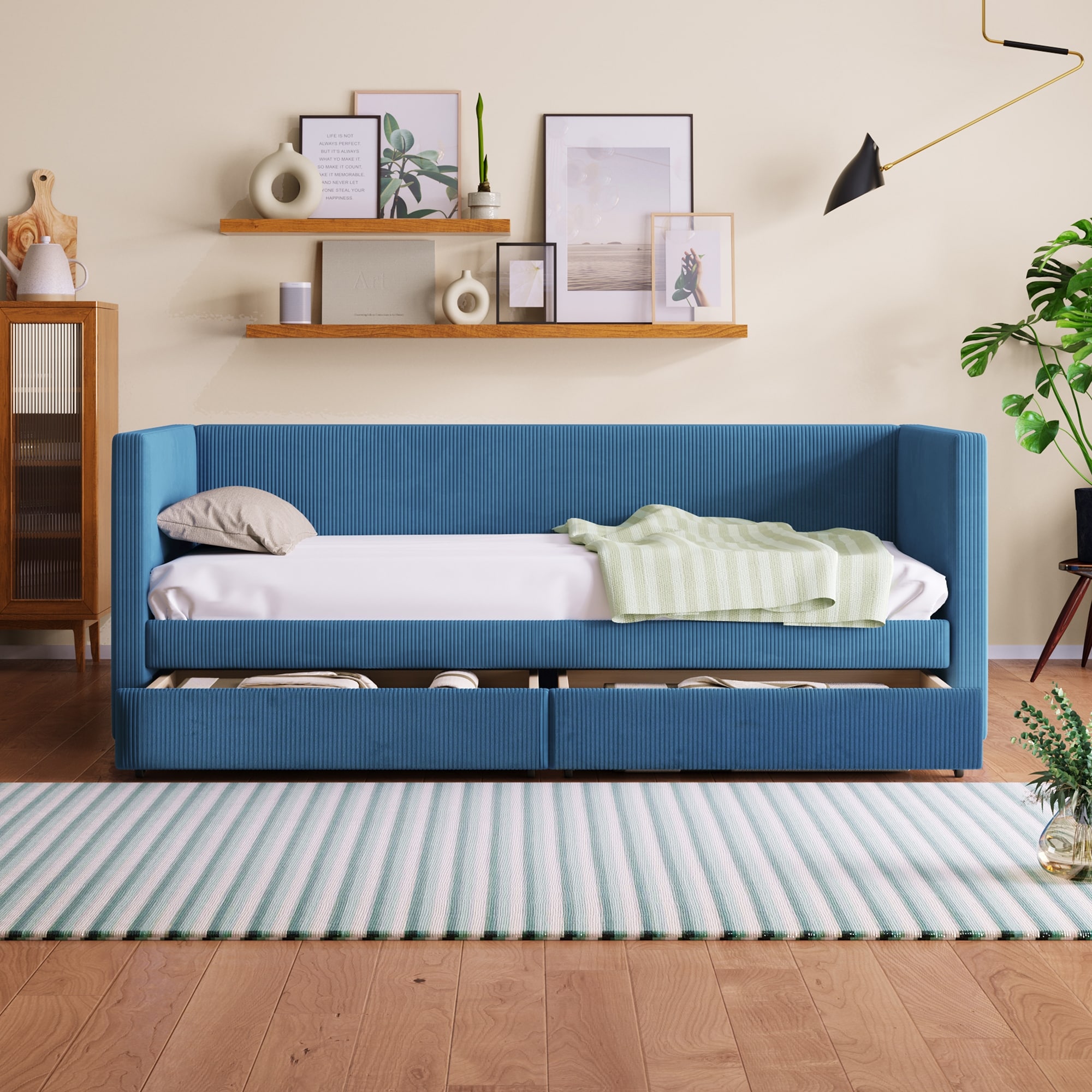 Twin Size Corduroy Daybed Frame with 2 Drawers & Wood Slat, Corduroy ...