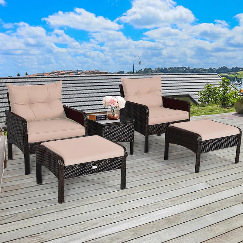 5 PCS Patio Rattan Conversation Set Outdoor Wicker Furniture Set ...