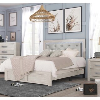 Contemporary King Panel Bed Frame with LED Headboard, Button Tufted ...