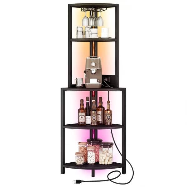 Wood 5 Tier Corner Bar Rack Shelf with Power Outlets LED Lights Glass ...