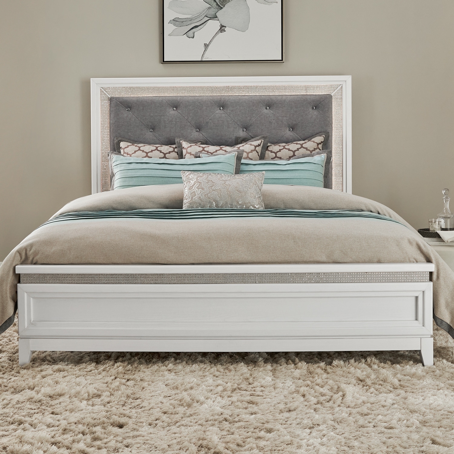 Reflections Pearl White Rhinestone Upholstered Panel Headboard with Lights King Queen Full Twin