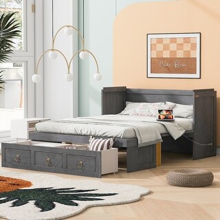 Gray Convertible Cabinet Wall Murphy Bed Queen Size Folding Bed w/ USB ...