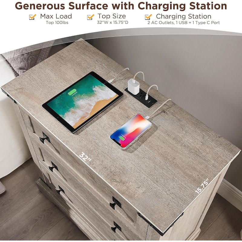 32" Farmhouse Nightstand, End Table with 3 Drawers, Charging Station ...