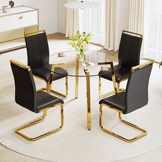 Modern Luxurious Round Tempered Glass Dining Table Set with 4 Pu Chairs ...