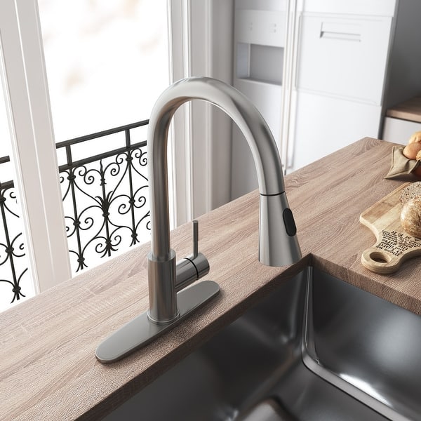 Modern Brushed Nickel High Arc Kitchen Sink Faucet with 2-Function ...