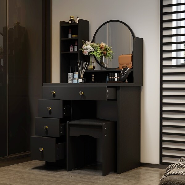 Makeup Vanity Set Dresser w Mirror Stool 5 Drawers White Pink Black 31.5 L x 15.7 W x 52 H On Sale Bed Bath Beyond 34605565
