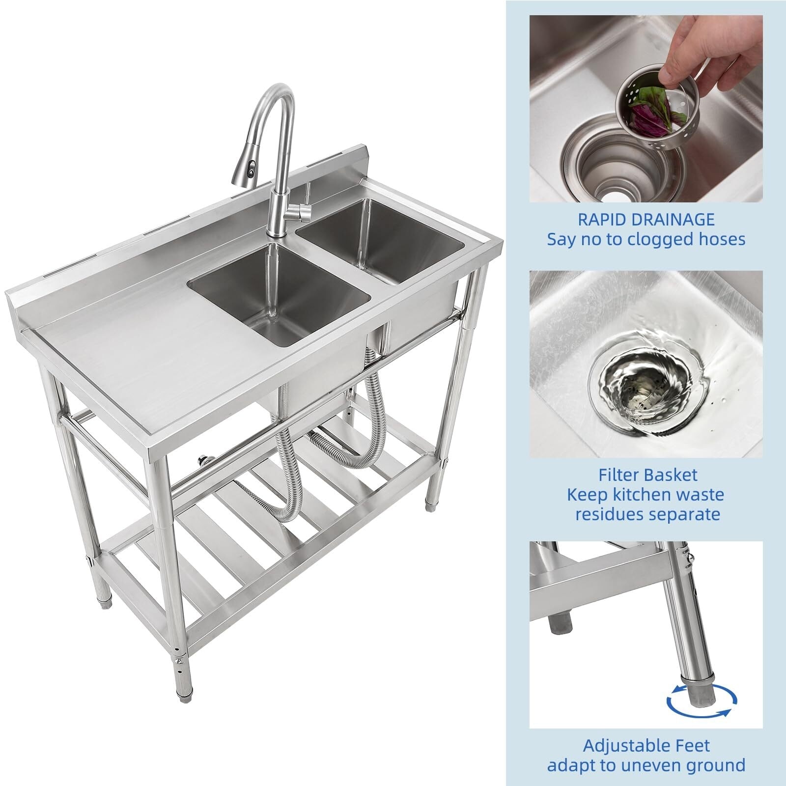 Outdoor Sink Stainless Steel Utility Sink Set W Single Bowl, Workbench ...