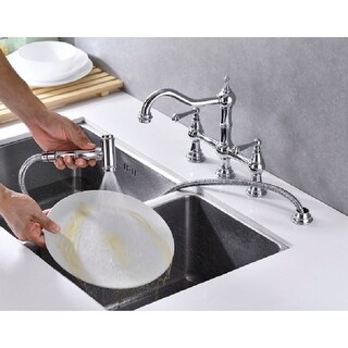 Bridge Dual Handles Kitchen Faucet With Pull-Out Side Spray in - Bed ...