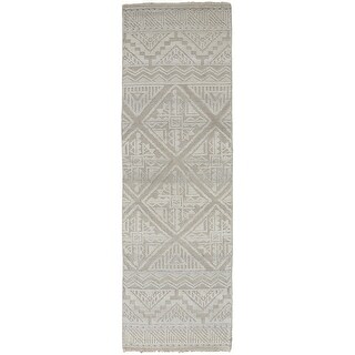 10' Ivory Tan And Gray Geometric Hand Knotted Runner Rug - 3'6" - Bed ...