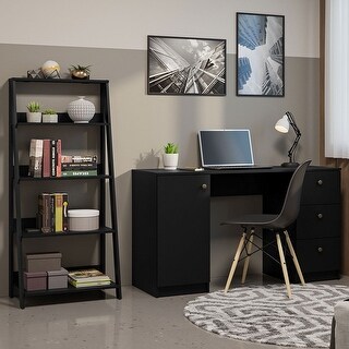Madesa Desk with Drawer 53" + Ladder Shelf Standing Bookcase - Black ...