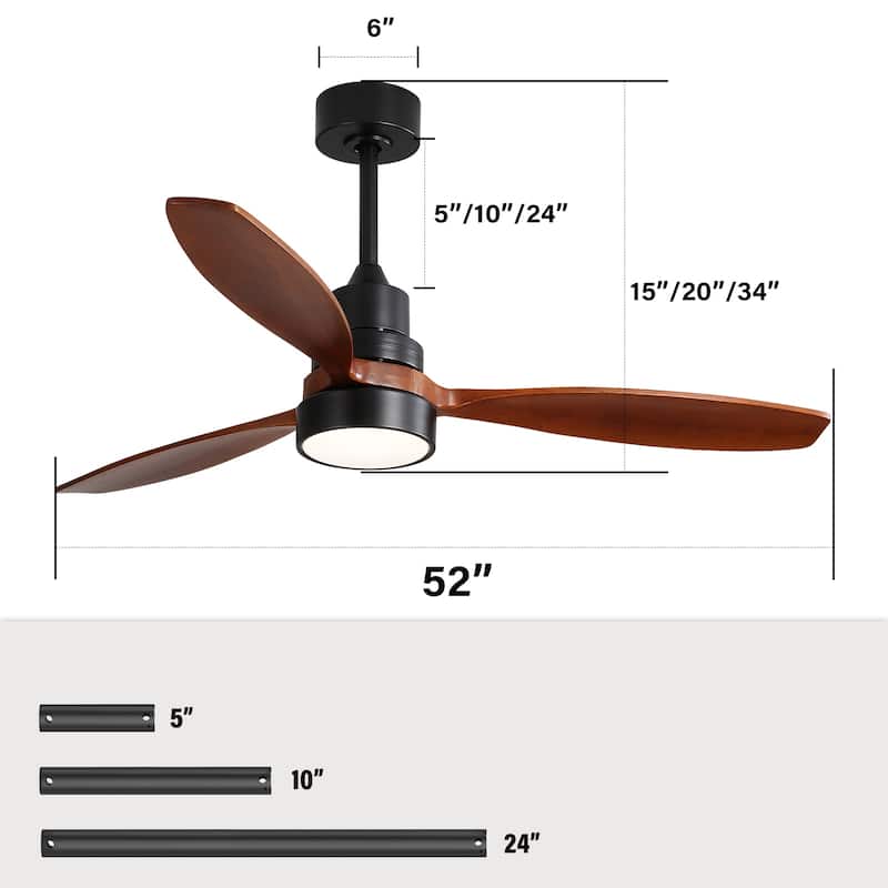 52" and 60" Noiseless Walnut Wood Ceiling Fan with Remote Control,Light ...