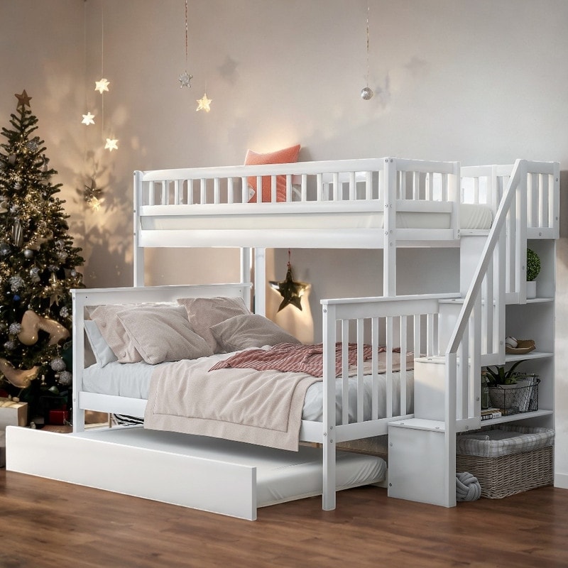 Modern Twin over Twin/King Bunk Bed with Full Length Guardrail, Storge Stair and Trundle Bed ...