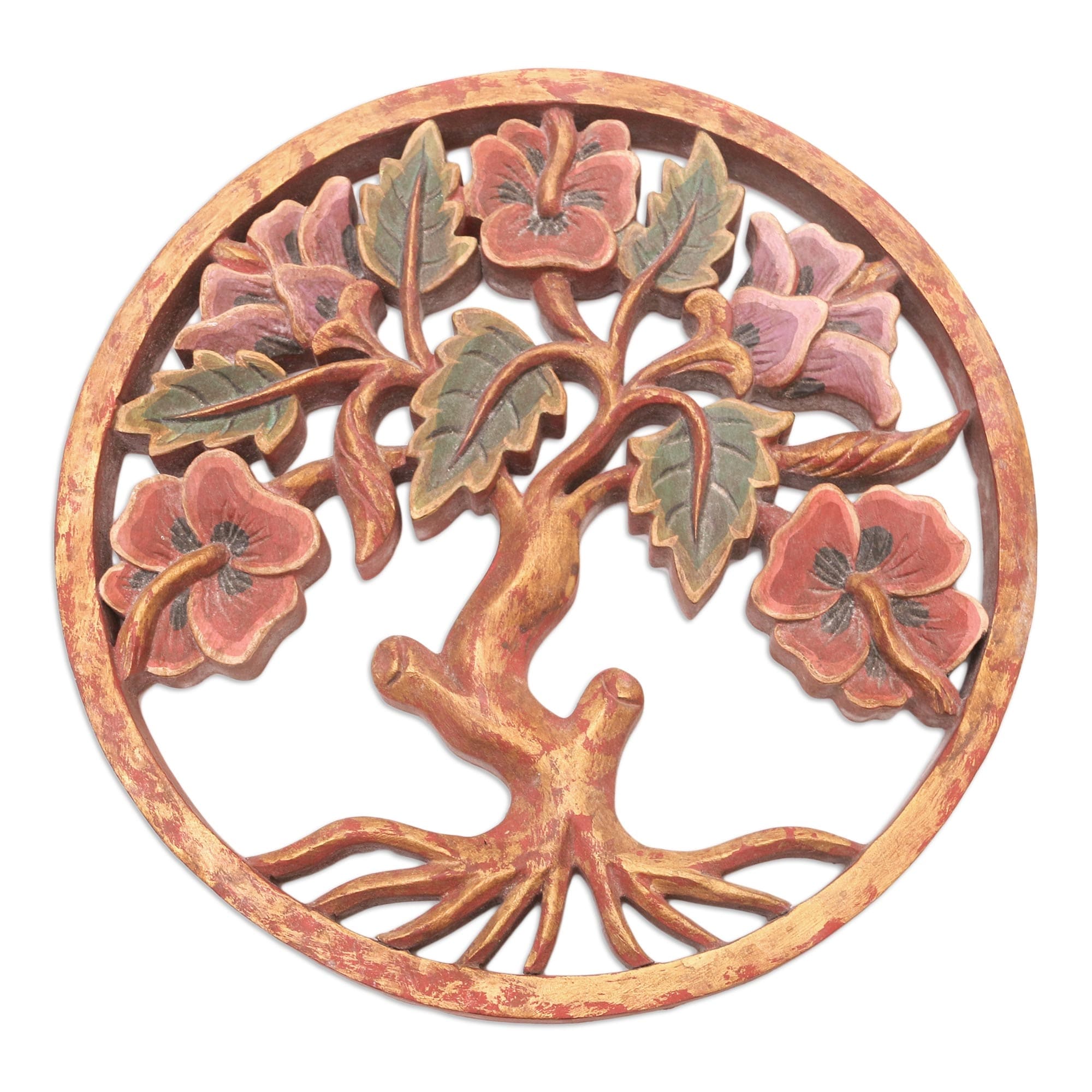 Wood Relief Panel, 'Single Hibiscus' (Indonesia) - 6.75" H x 5.75" W x ...