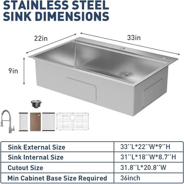 33"X22"X9" Undermount Kitchen Drop In Sink for Easy Installation with ...
