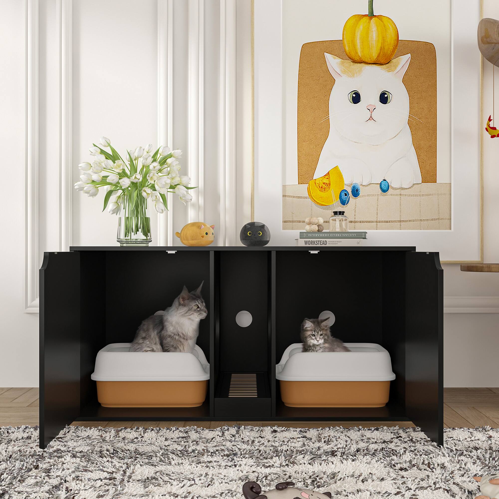 Hidden Cat Litter Box Enclosure Furniture, Cat Washroom w/Double Room ...