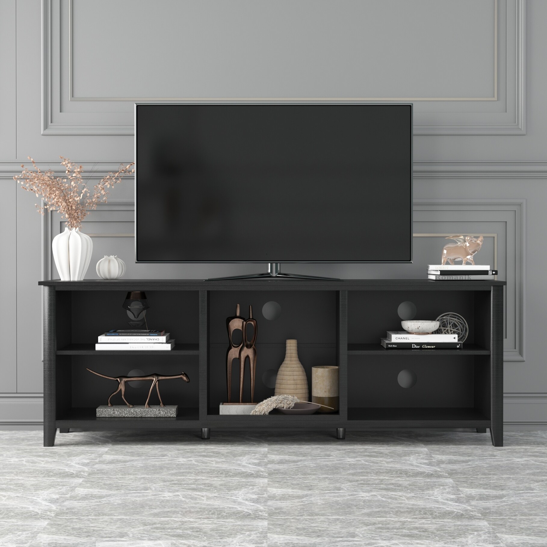 Wood Universal TV Stand Cabinet with Doors and Open Shelves for TVs up to 60 Inches Storage Entertainment Center Black