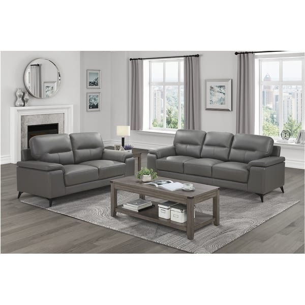 Roxine Dark-Gray Top Grain Leather Living Room Set - Bed Bath & Beyond ...