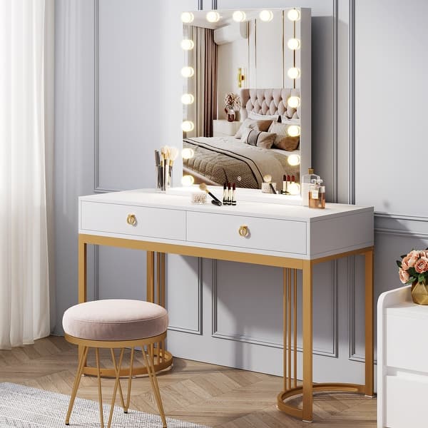 Simple Vanity Desk with Rectangle Mirror, 2 Drawers Small Makeup Table ...