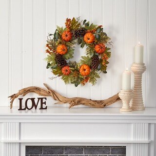24" Pumpkins Pine Cones and Berries Fall Artificial Wreath - 24"W x 24 ...