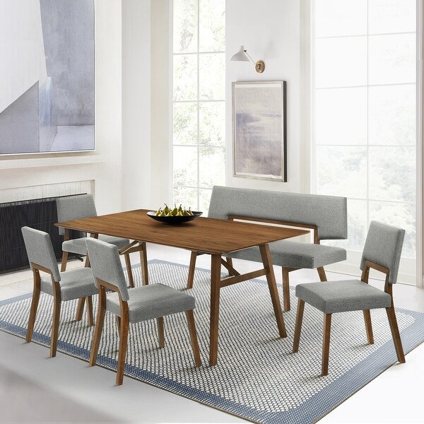 Armen Living Channell Wood Dining Bench in Walnut Finish with Blue Fabric