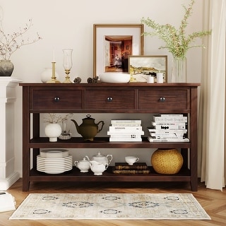 Solid Wood Console Sofa Table with Storage Shelves, 3 Drawers - Bed ...