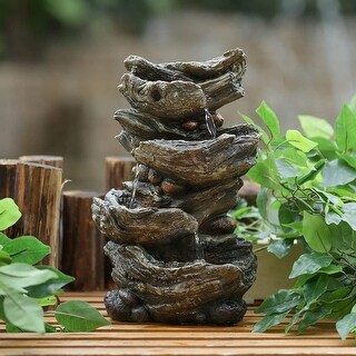 Tiered Log Tabletop Fountain with Lights, Brown Natural Cascading Wood ...
