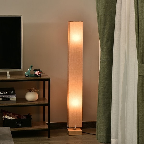 Modern Floor Lamp Linen Lightening Shade Living Room Wooden Base Beige ...