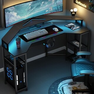 63-Inch Wing-Shaped Gaming Desk with Power Outlet, LED Light, Wireless ...