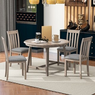 5 Piece Dining Set for 4, Round Extendable Kitchen Table Set with Wood ...